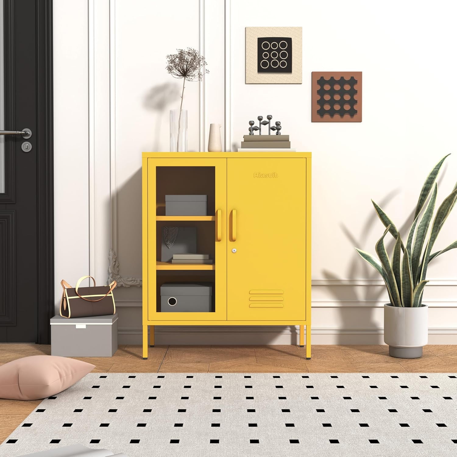 33 Inch Glass and Metal Storage Cabinet Adjustable Shelves 2 Door ...