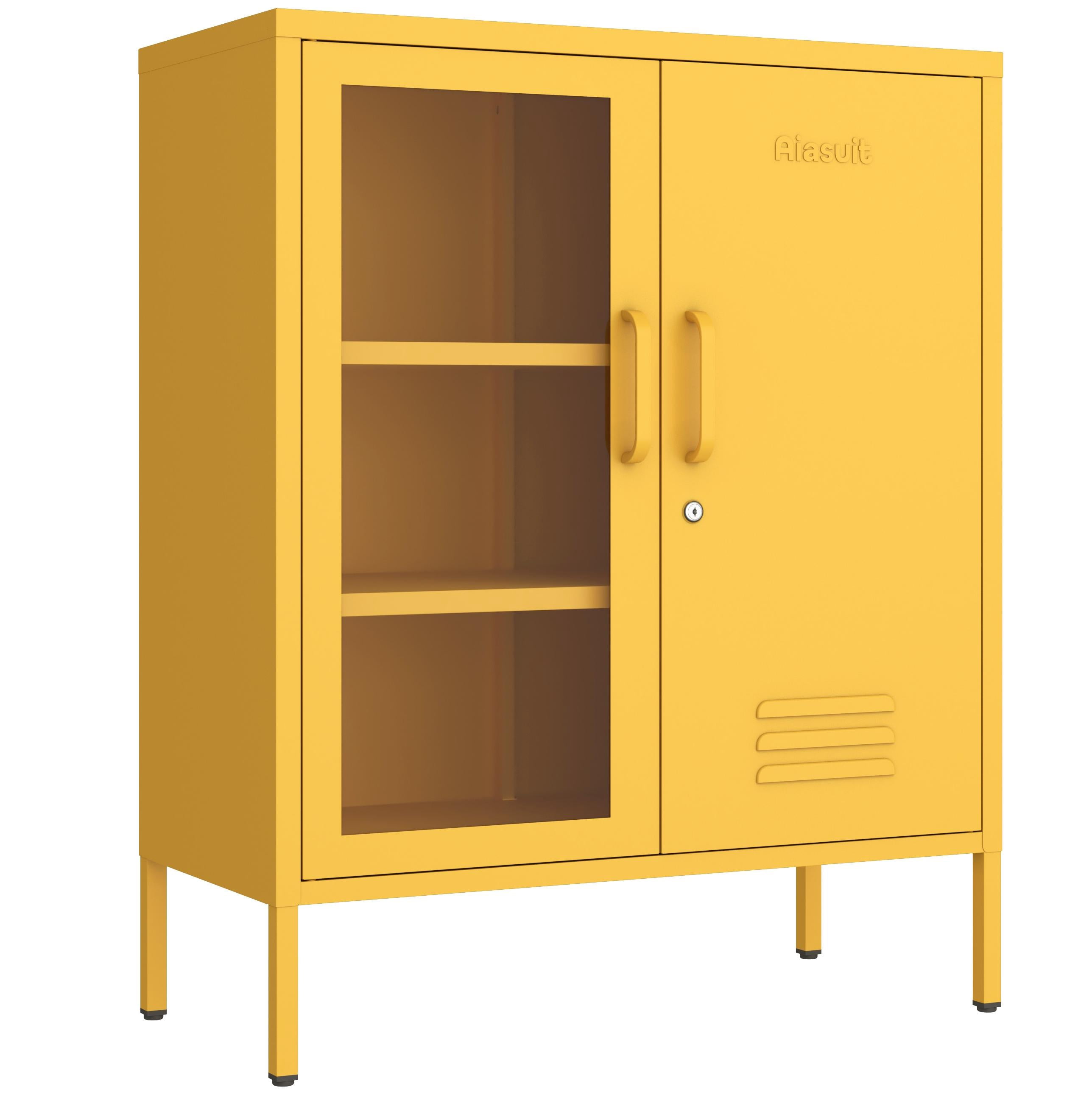 33 Inch Glass And Metal Storage Cabinet Adjustable Shelves 2 Door ...