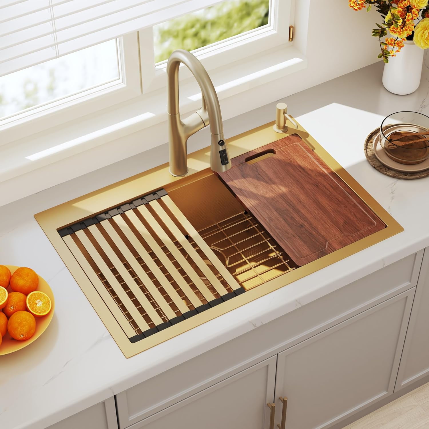 33 Inch Gold Drop In Kitchen Sink 33x22 Workstation Coating Topmount ...