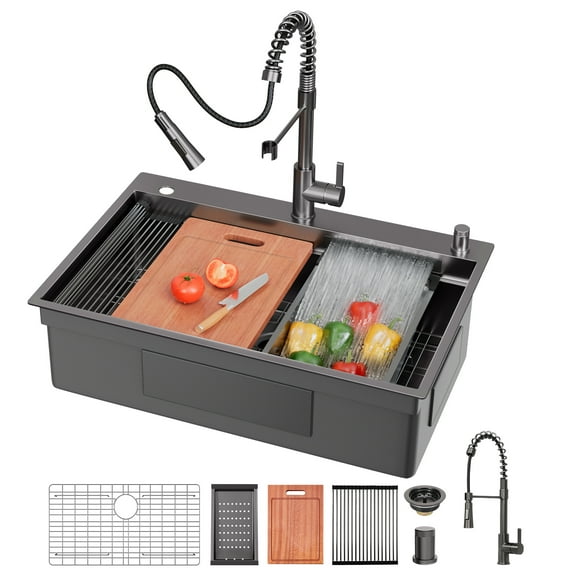 33 Inch Gunmetal Black Waterfall Kitchen Sink with Pull Out Faucet ...