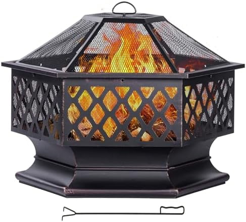 33 Inch Outdoor Fire Pit, Hexagon Shaped Wood Burning Firepit for ...