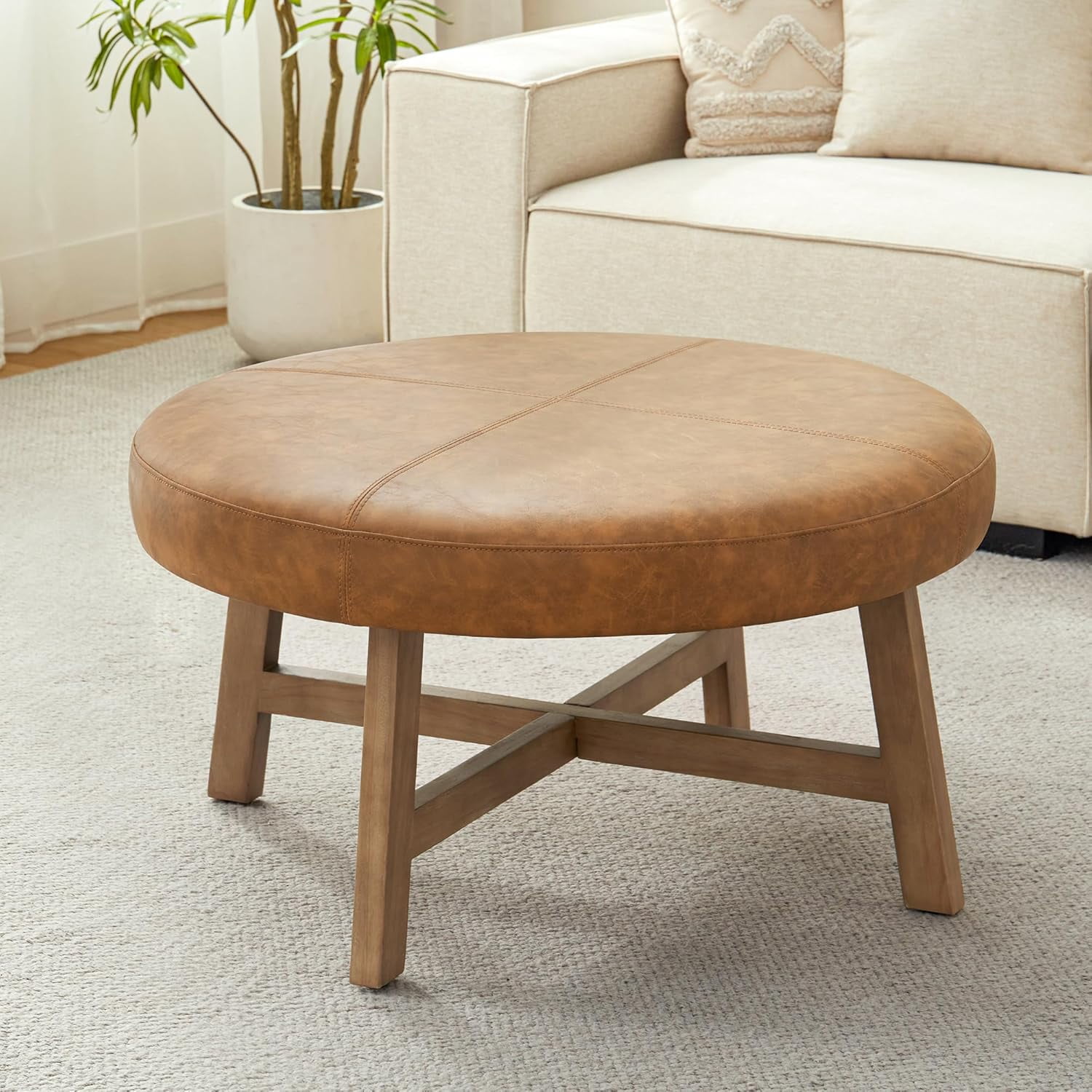 33 Inch Round Coffee Table, Upholstered Leather Ottoman, Mid Century ...