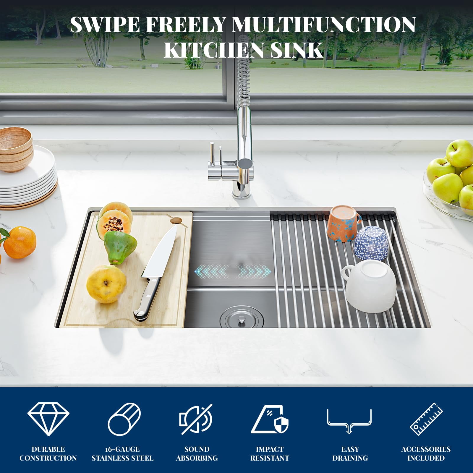 33 Inch Undermount Kitchen Sink, Brushed Nickel Single-Tier Track ...