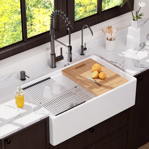 33 Inch White Fireclay Farmhouse Sink, Reversible Workstation Farm ...
