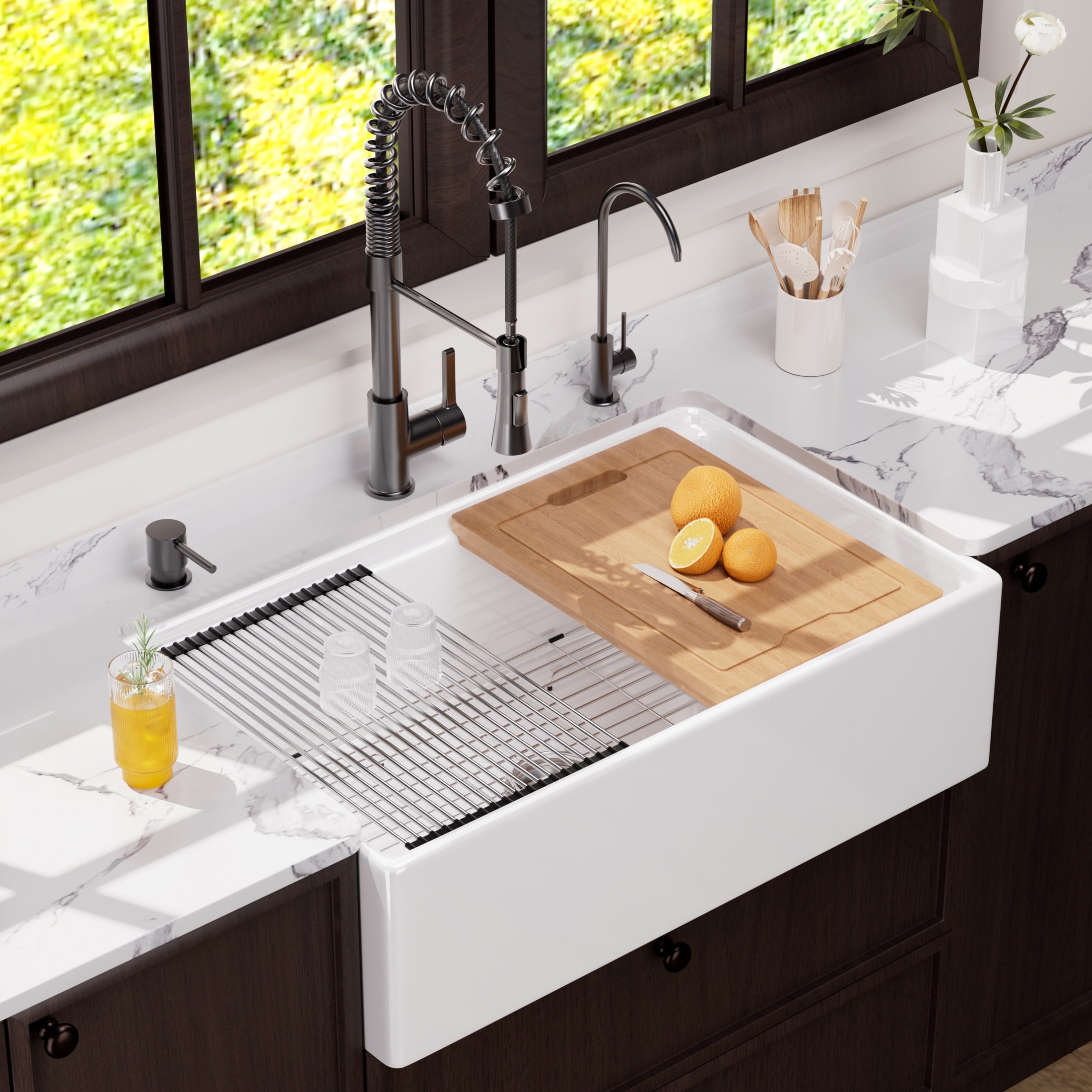 33 Inch White Fireclay Farmhouse Sink, Reversible Workstation Farm ...