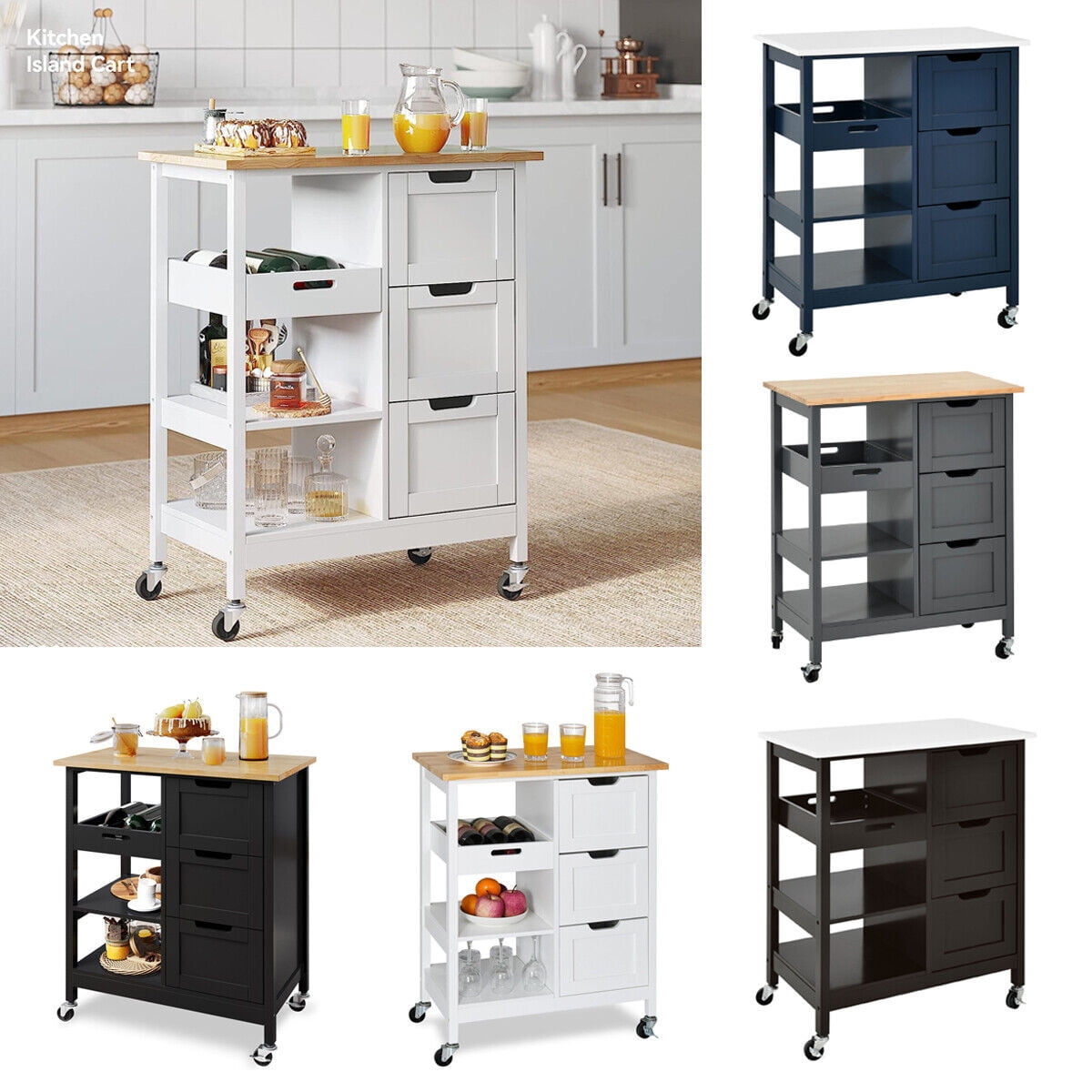 33'' Kitchen Island on Wheels, 360°Rotating Kitchen Cart, 3-Tier ...