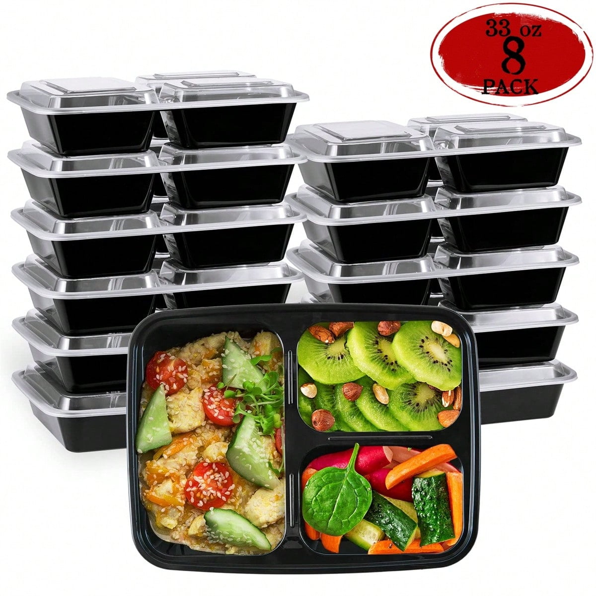 33 Oz 3 Compartment Meal Prep Containers With Lids, [16 Pack] To Go ...