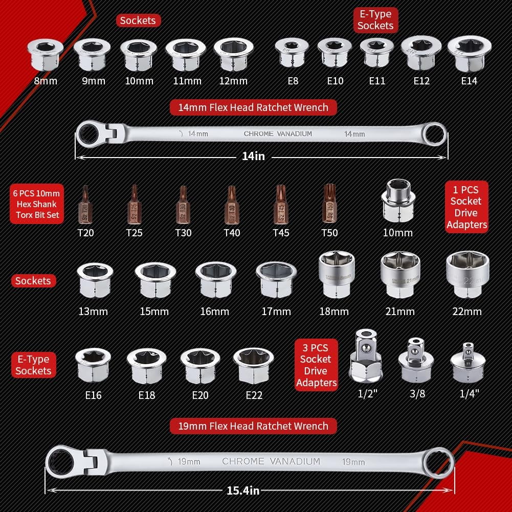 33 PCS Flex Head Ratcheting Wrench Set, Metric | 72-Tooth | 8-22mm ...