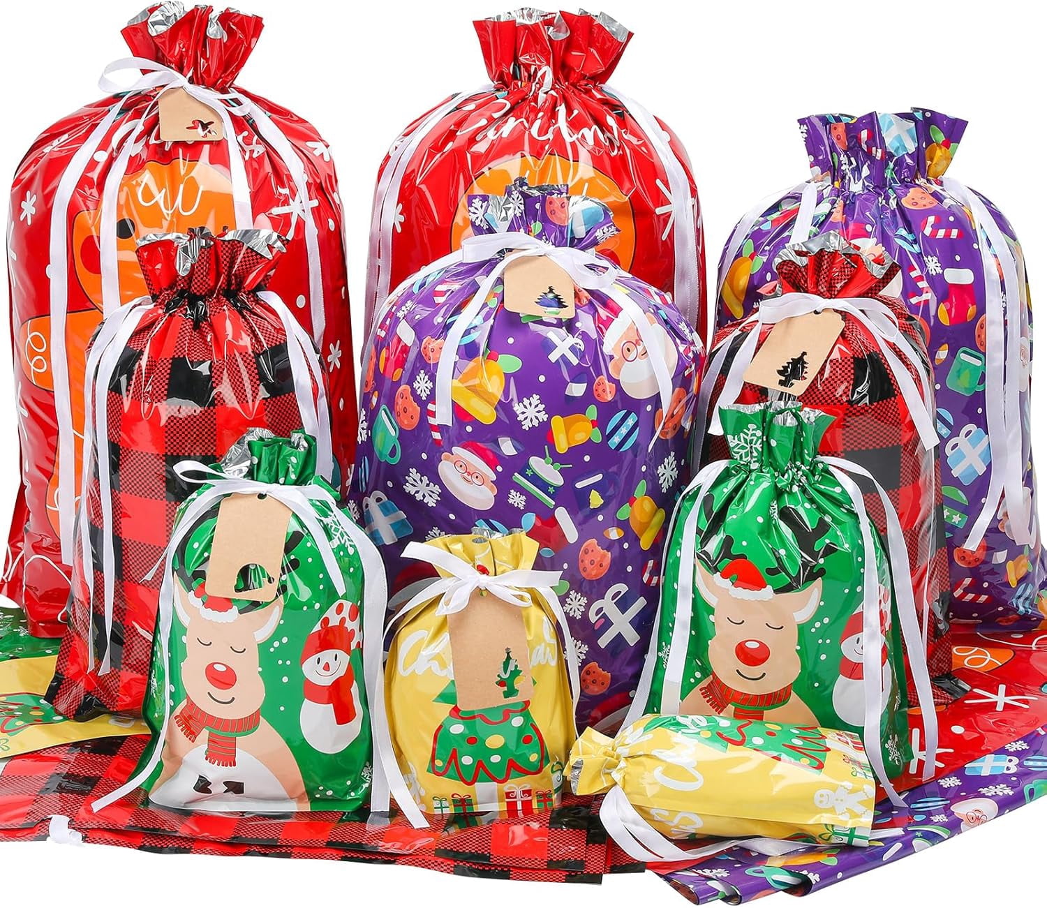 33 Pack Drawstring Christmas Gift Bags Assorted Sizes, Reusable Holiday ...