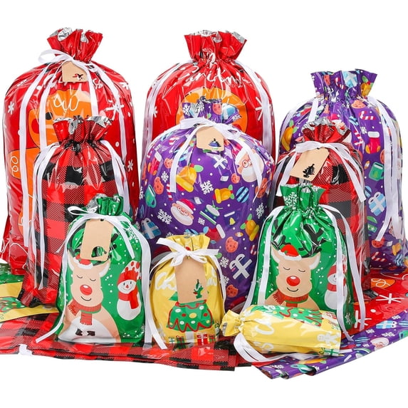 33 Pack Drawstring Christmas Gift Bags Assorted Sizes, Reusable Holiday ...