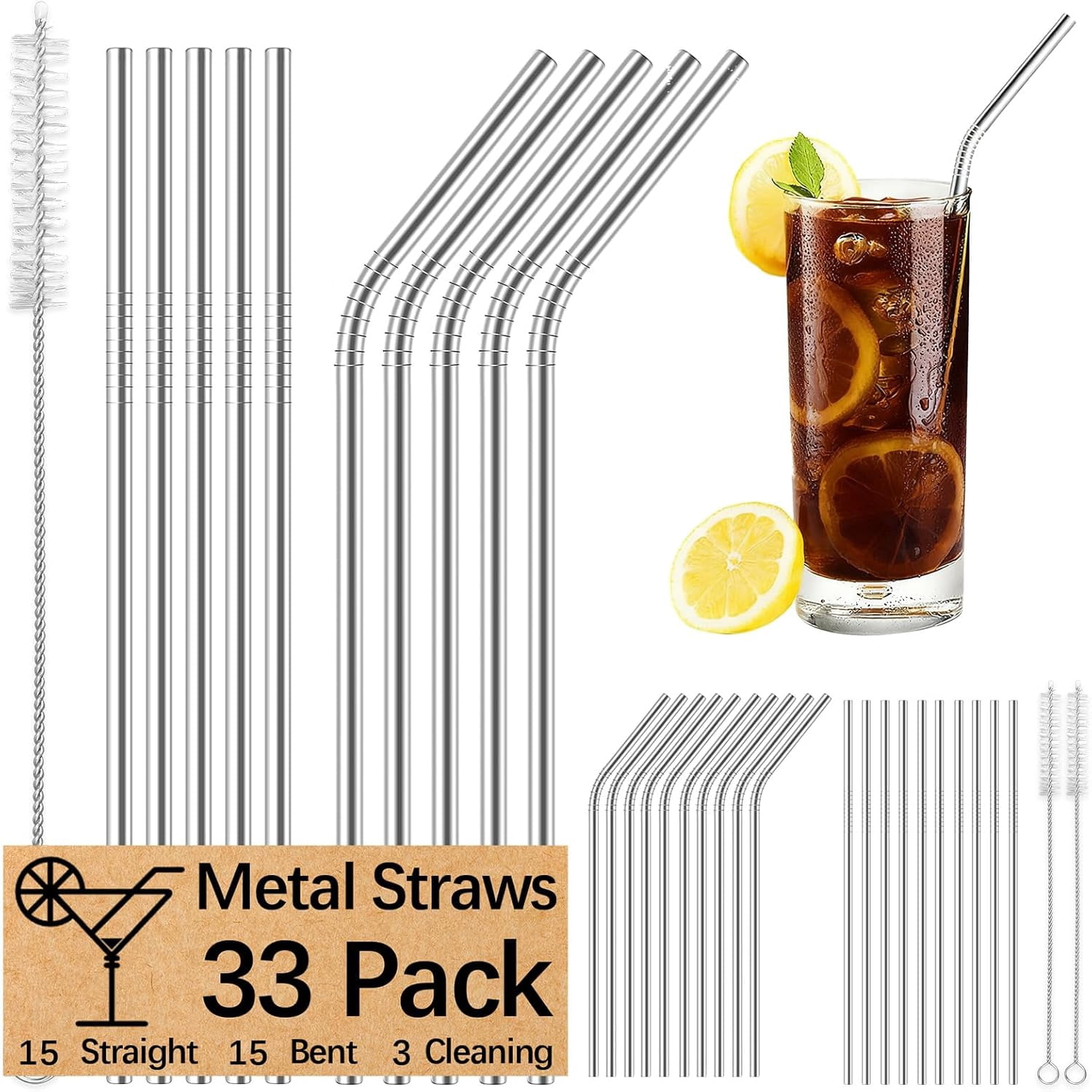 33 Pack of metal straws reusable,15 Straight +15 Bent 8.5 Inch ...