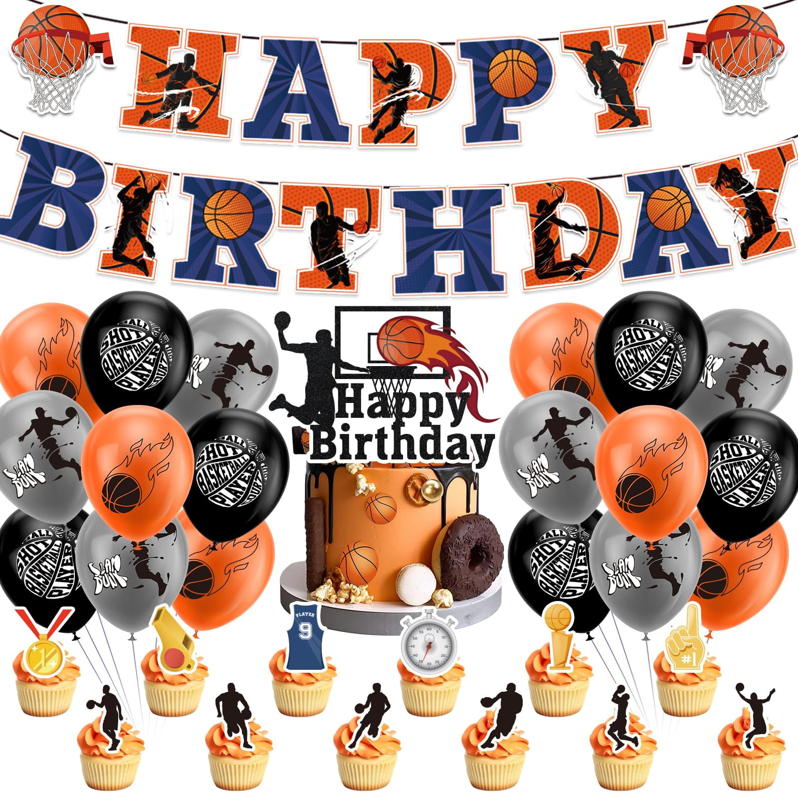 33-Piece Basketball Party Supplies Set | AFN1Happy Birthday Banner ...