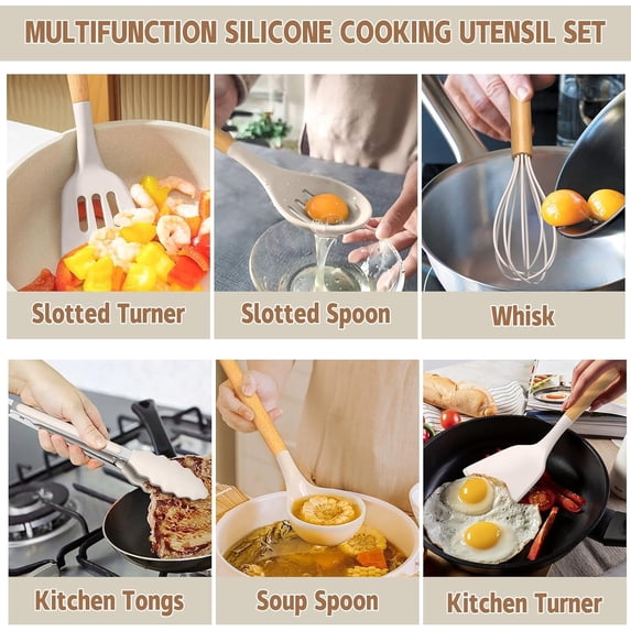 33-Piece Non-Stick Silicone Cooking Utensils Set with Wooden Handles ...