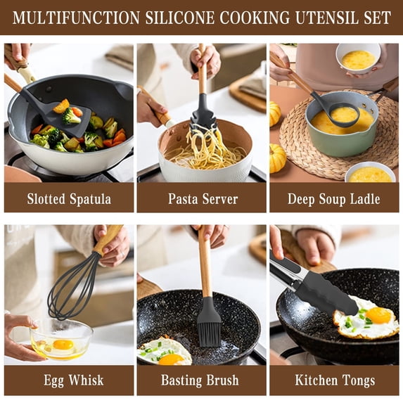 33-Piece Non-Stick Silicone Kitchen Utensils Set with Holder Wooden ...