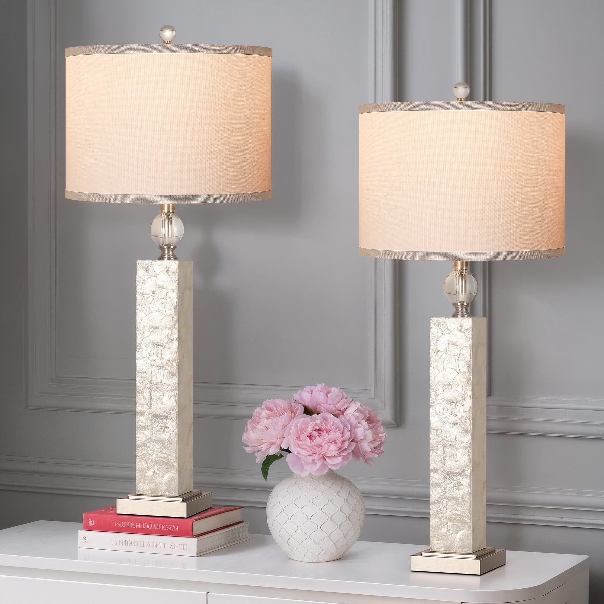 33'' Tall Table lamp Set of 2 with Linen Lampshades, Modern Seashell ...