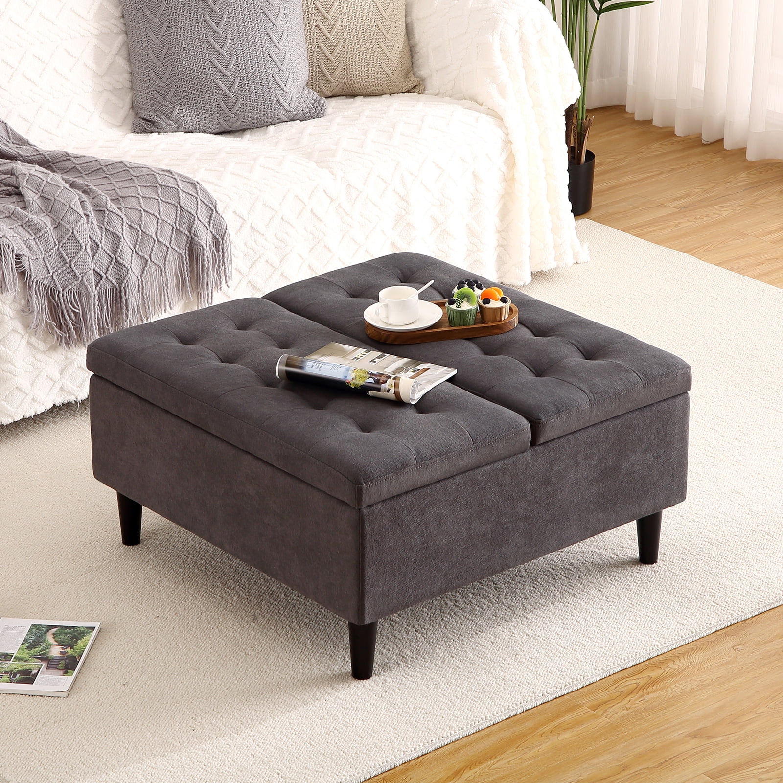 33" Square Coffee Table Lift Top Storage Ottoman in Upholstered, Tufted ...