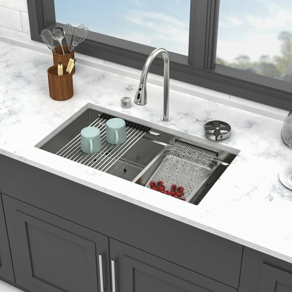 33" Undermount Waterfall Kitchen Sink - 33 x 16.72 x 10 inch Single ...