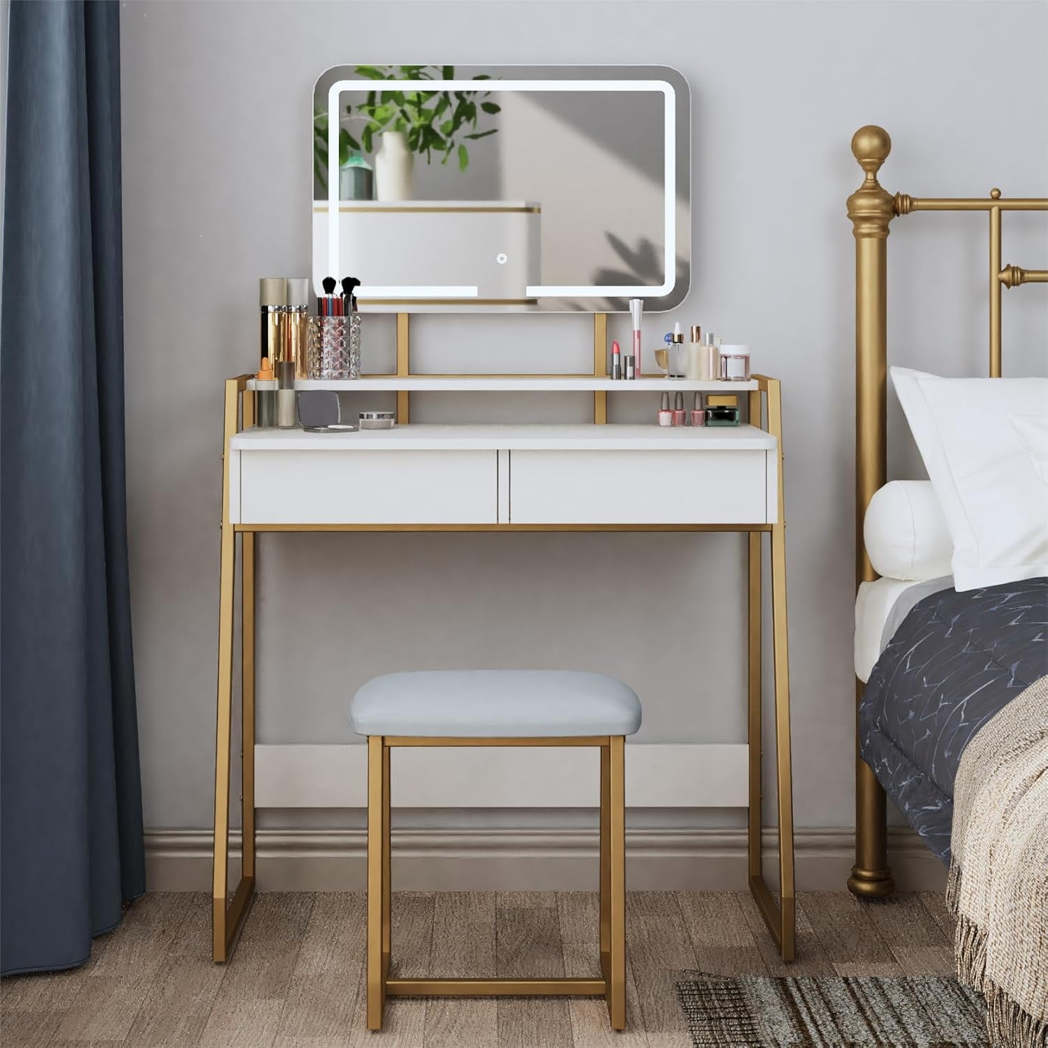 33" Vanity Desk with Lighted Mirror and Cushioned Stool, Small Makeup ...