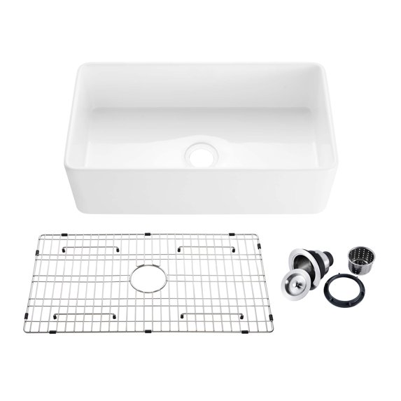 33" White Fireclay Farmhouse Undermount Kitchen Sink with Bottom Grid ...