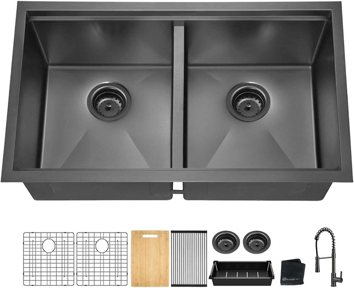 33 in. Gunmetal Black Stainless Steel Double Bowl Undermount ...