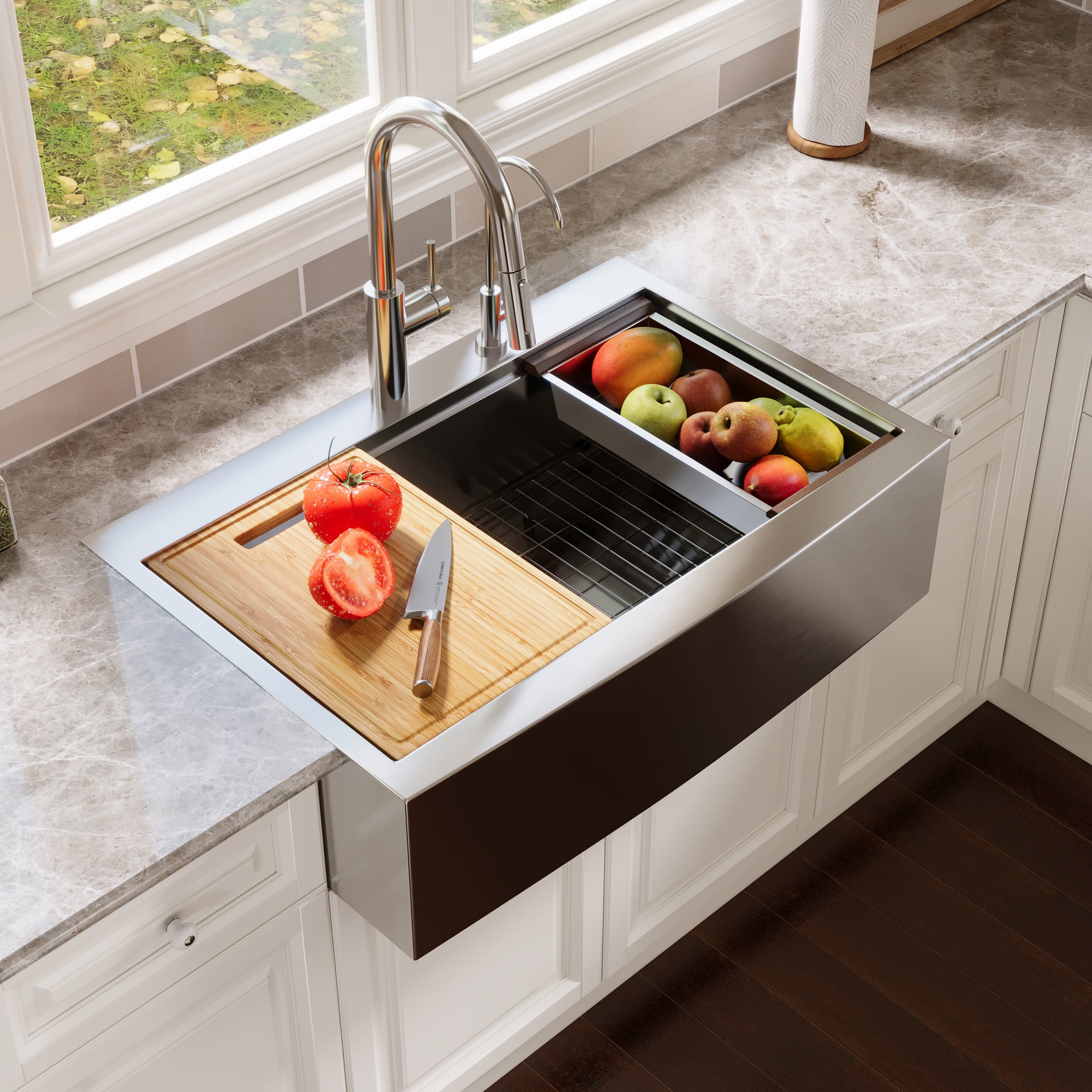 33 in. Rectangular Single Bowl Farmhouse Apron Workstation Kitchen Sink ...
