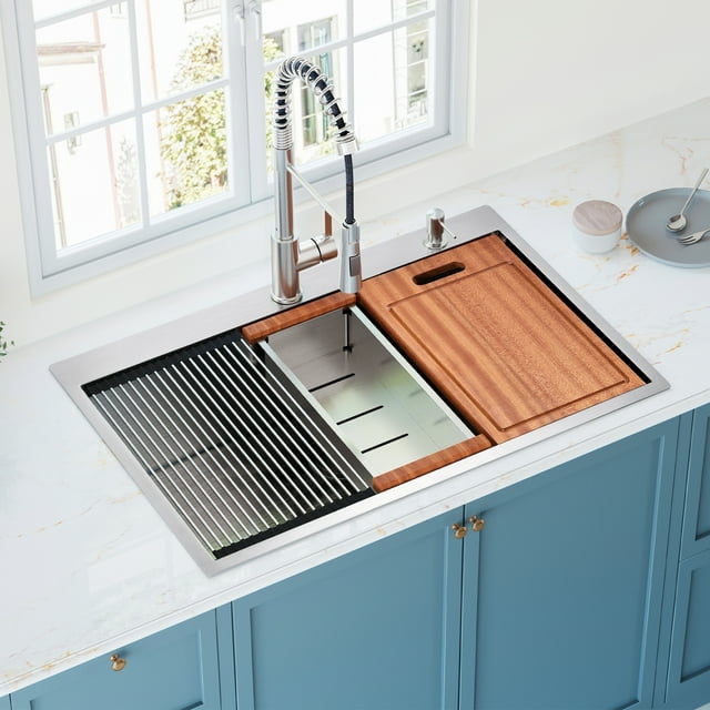 33 inch Drop-in Kitchen Sink, 18 Gauge Single Bowl R10 Round Corner ...