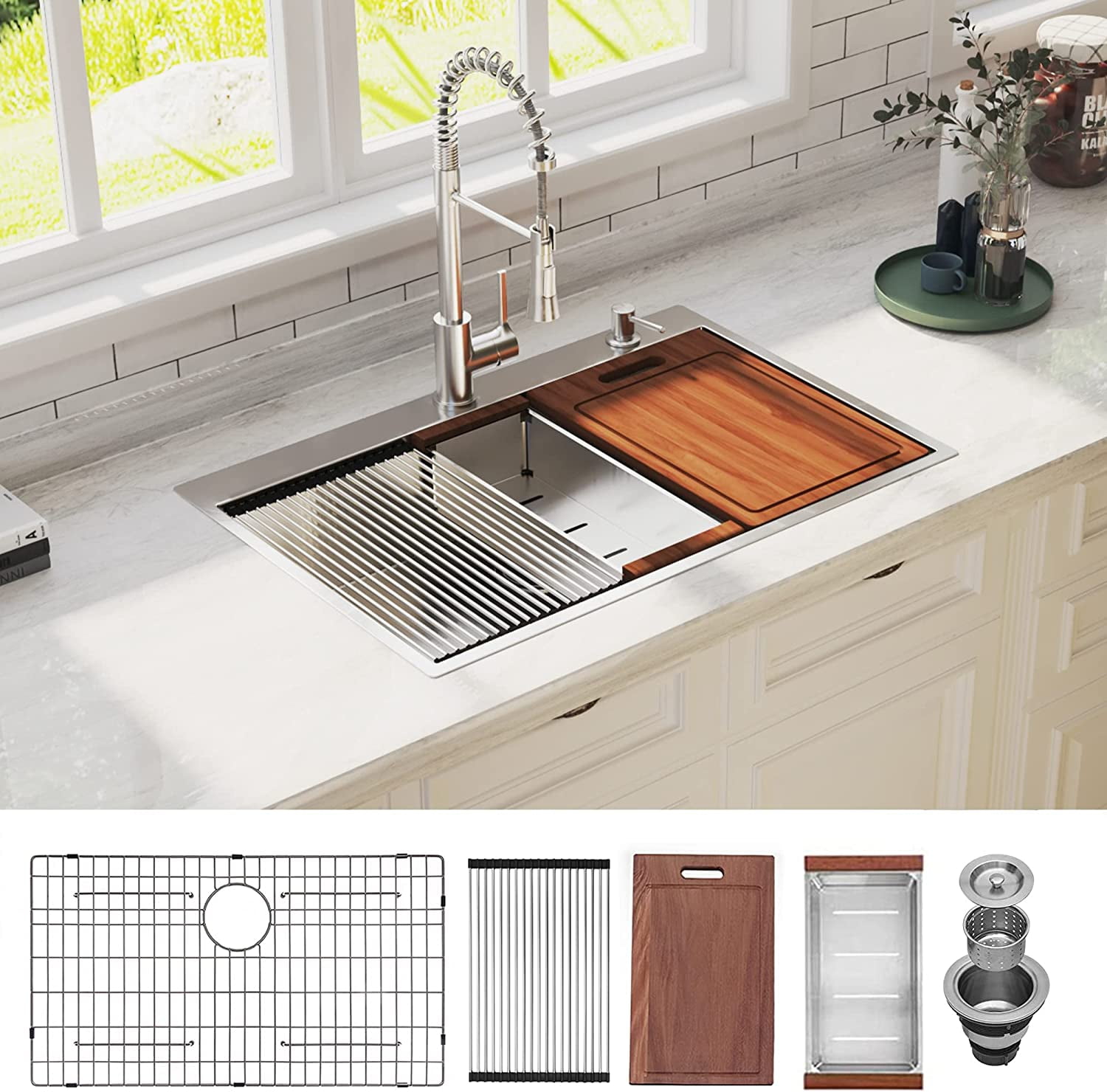 33 inch Drop-in Kitchen Sink, Handmade Drop In Workstation Sink ...
