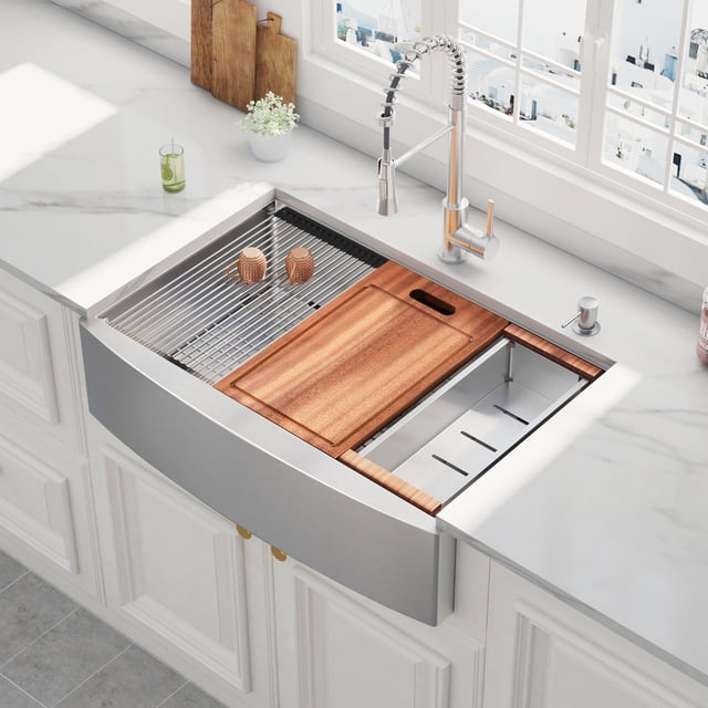 33 inch Farmhouse Workstation Kitchen Sink, Handmade Stainless Steel ...