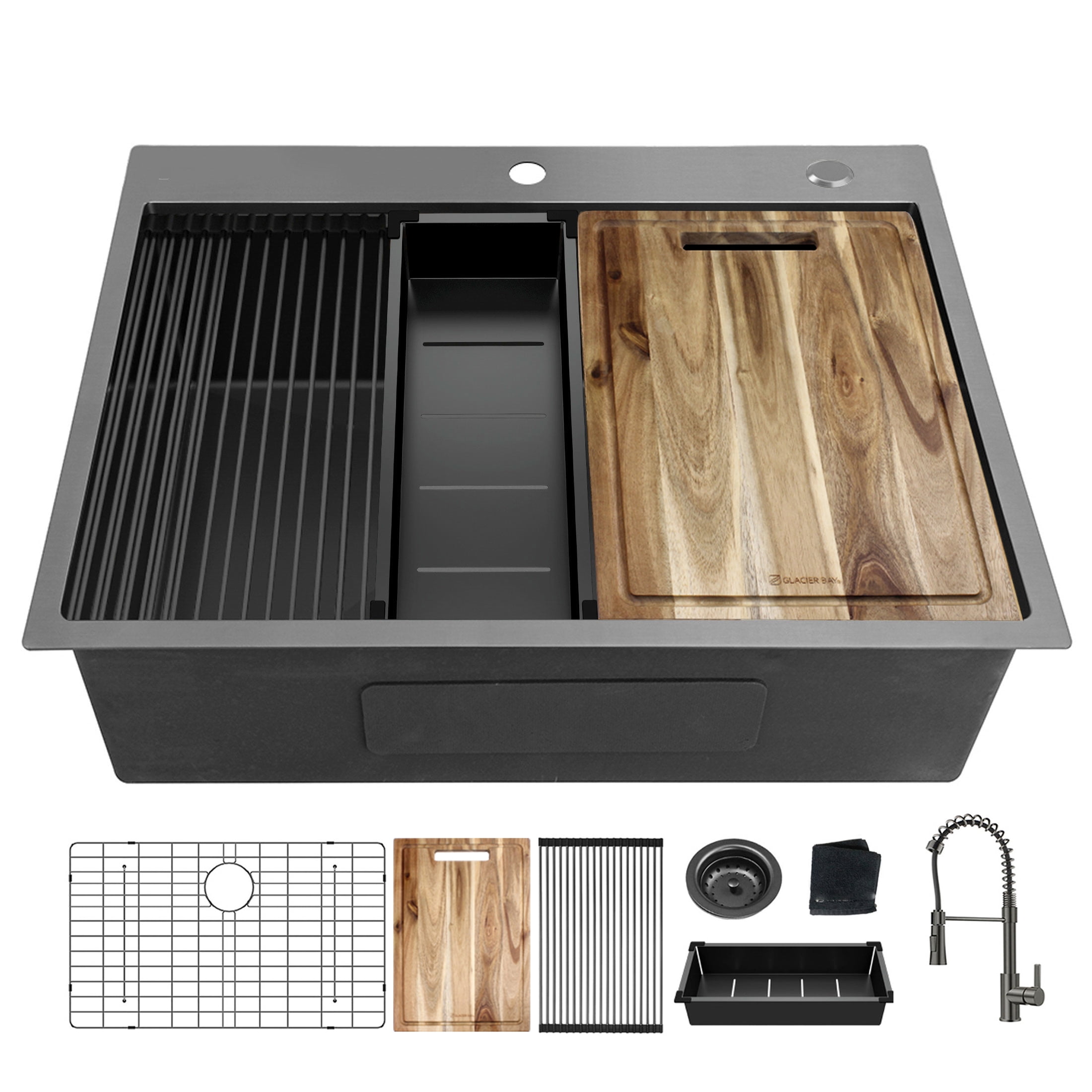 33 inch Gunmetal Black Drop-In Workstation Sink, 18 Gauge Single Bowl ...