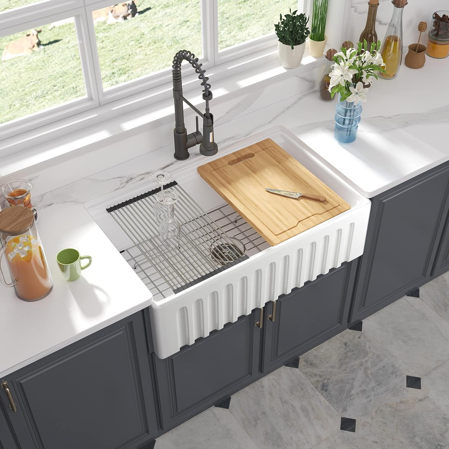 33 inch White Farmhouse Sink, Fireclay Porcelain Single Bowl Apron ...