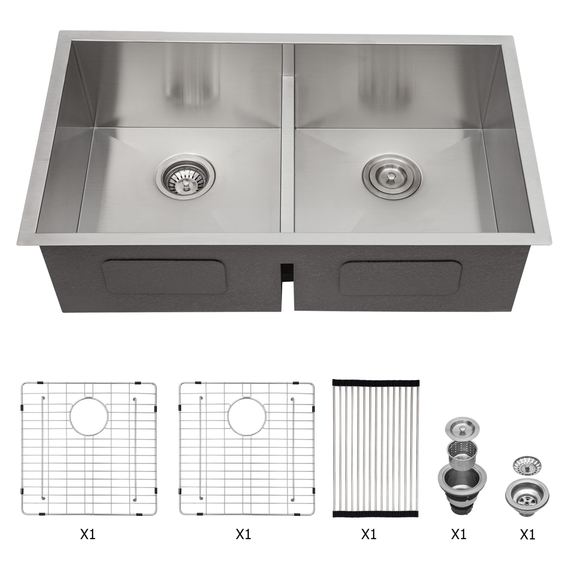 33" x 19" x 10" Undermount Double Bowl (50/50) Sink, 16 Gauge Stainless Steel Kitchen Sink with ...