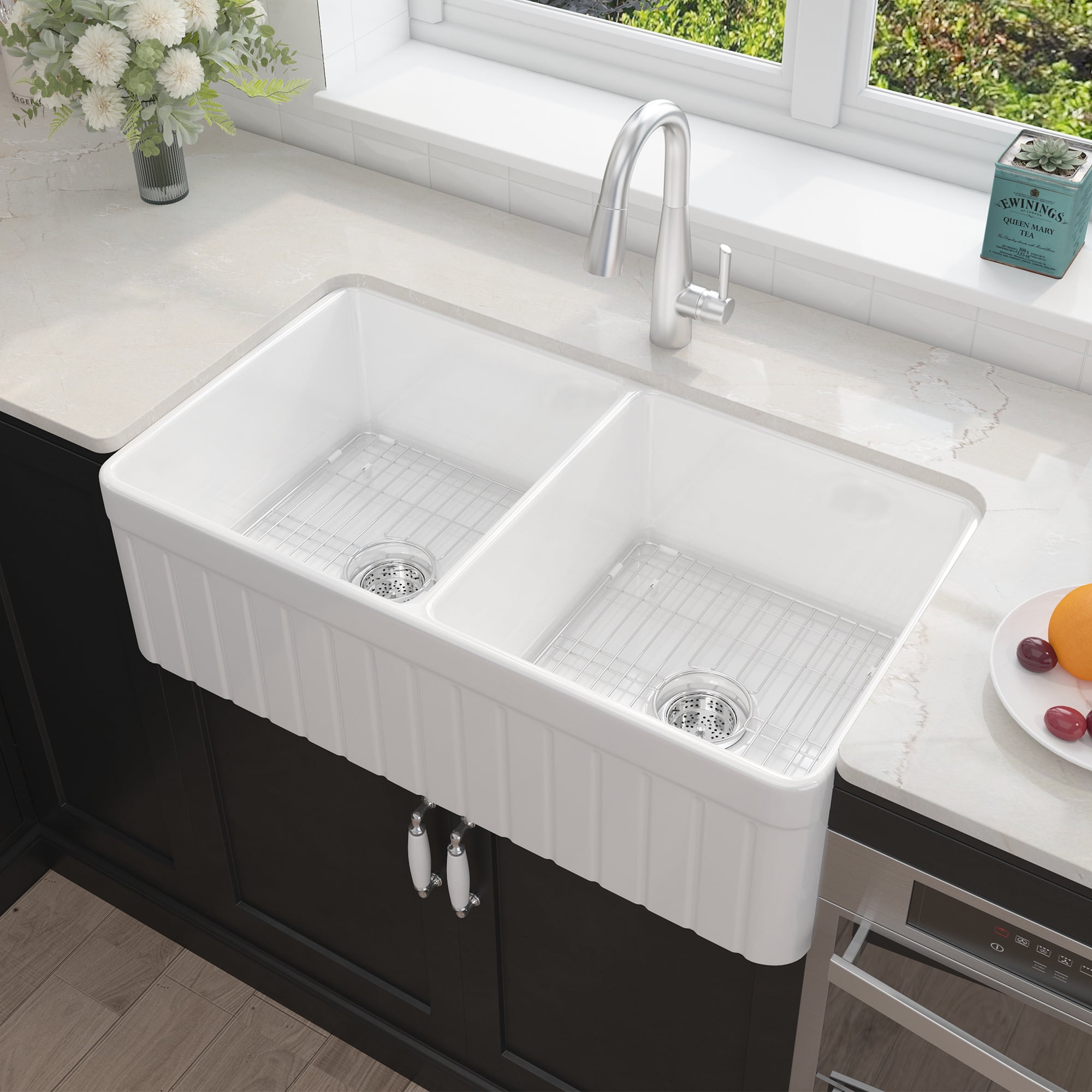 33"x18" White Fireclay Farmhouse Double Basin Kitchen Sink with Basket ...