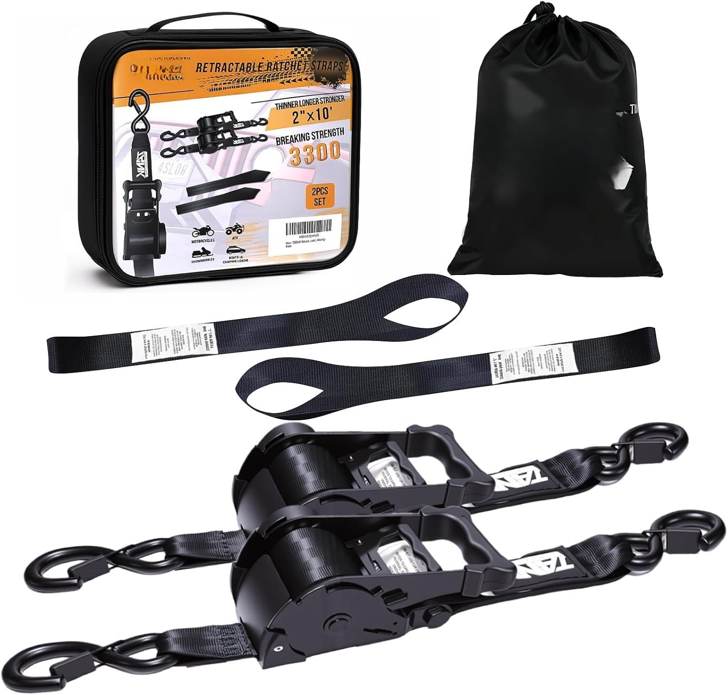 3300LB Retractable Ratchet Straps(2 ), 2" x 10FT Tie Down Straps ...