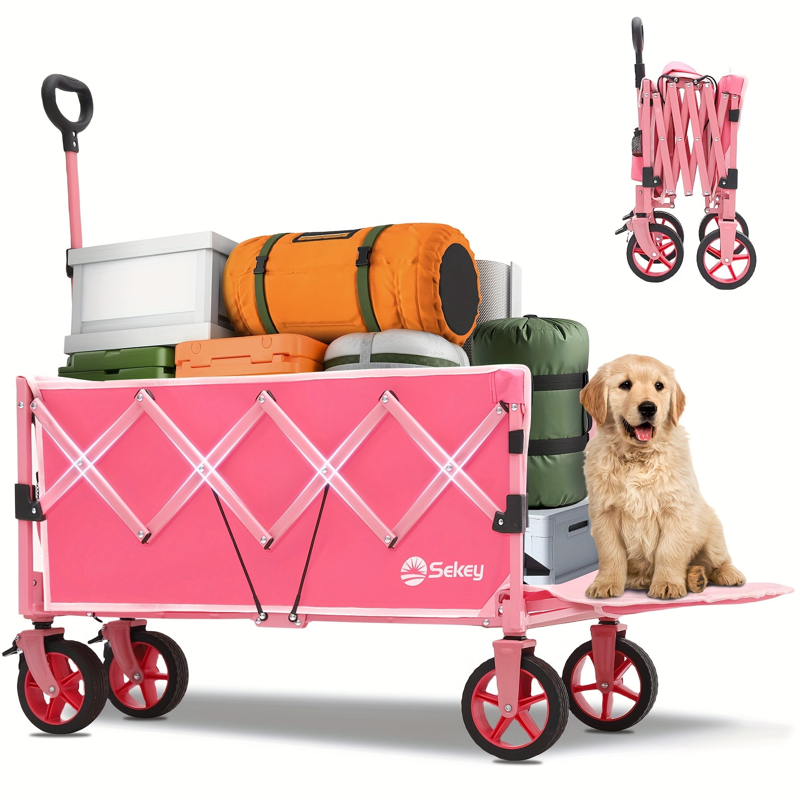 330LBS Heavy Duty Beach Wagon With Extended Tailgate Collapsible Foldable Wagon 43"L Extra Long ...