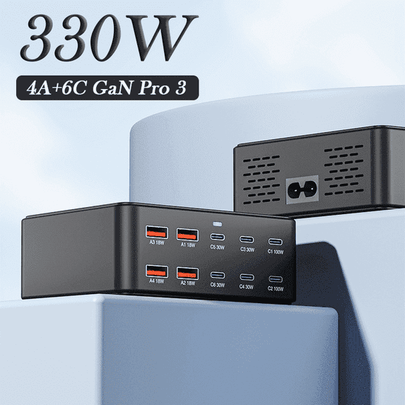 330W GaN 10-Port USB Type C Charging Station, 100W PD3.0 + QC3.0 Fast Charger Hub for Laptop ...