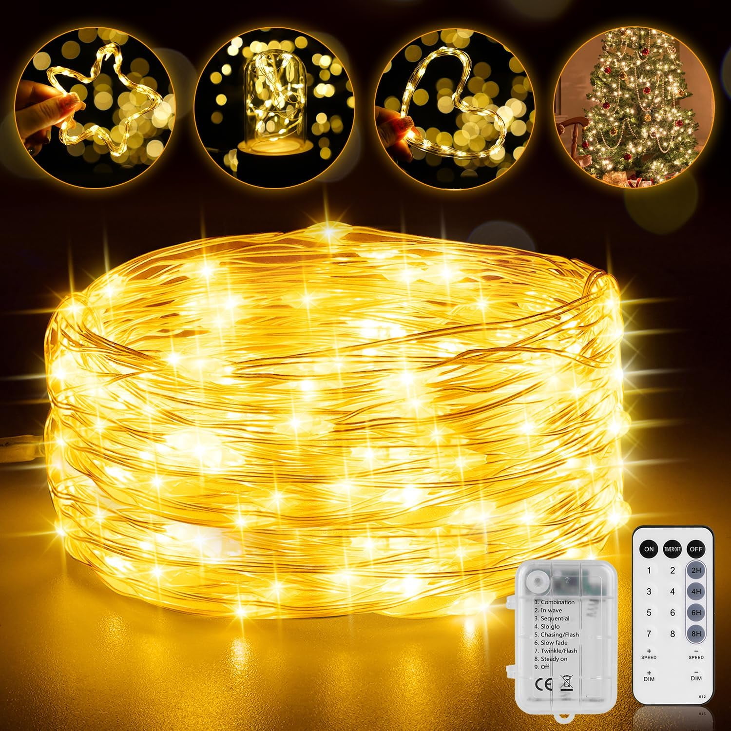 33FT 200 Fairy Lights Operated with Timer & Remote, 8 Modes Dimmable ...