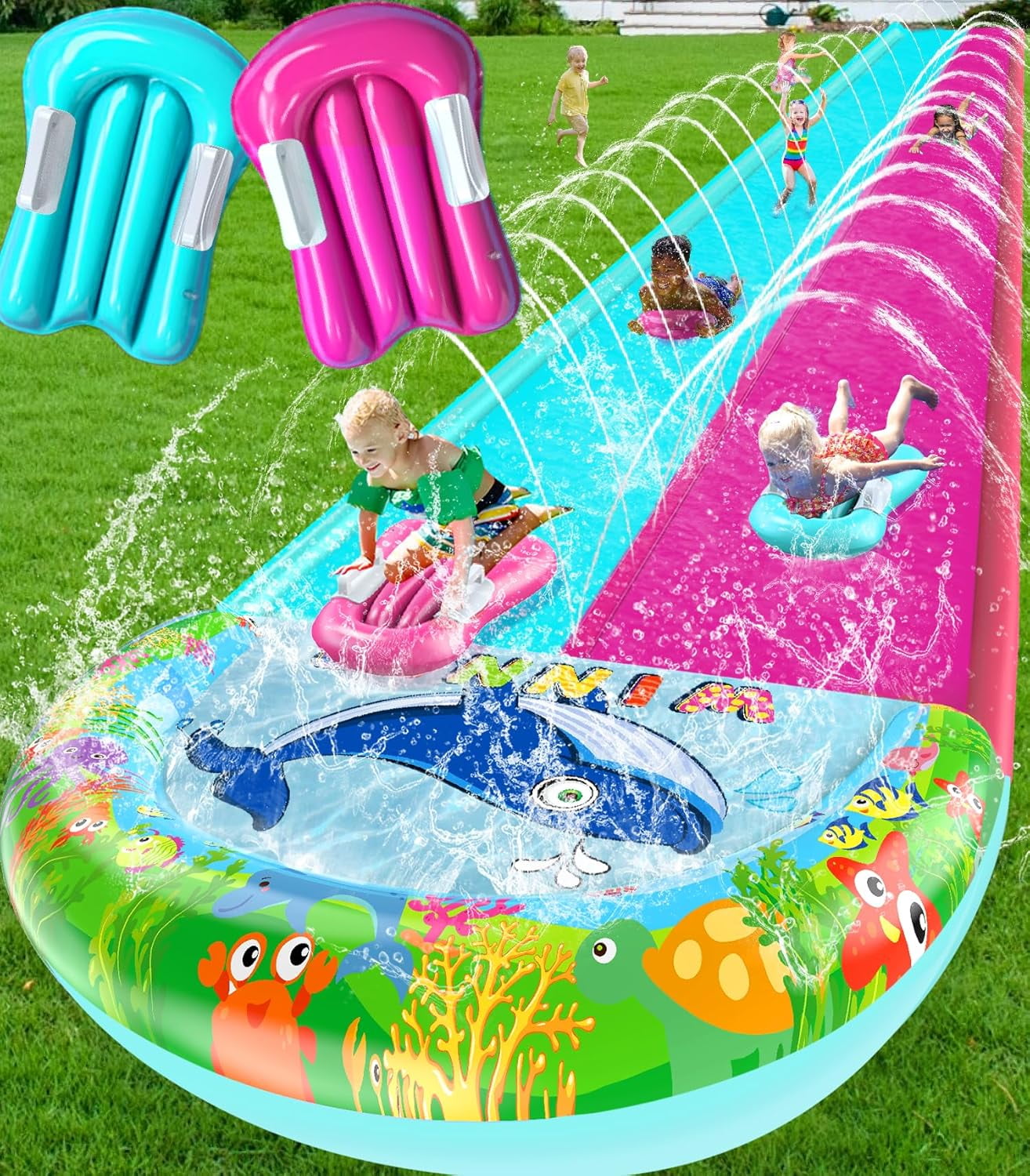 33FT Slip Lawn Water Slide for Kids Adults, Extra-Long Double Lanes ...