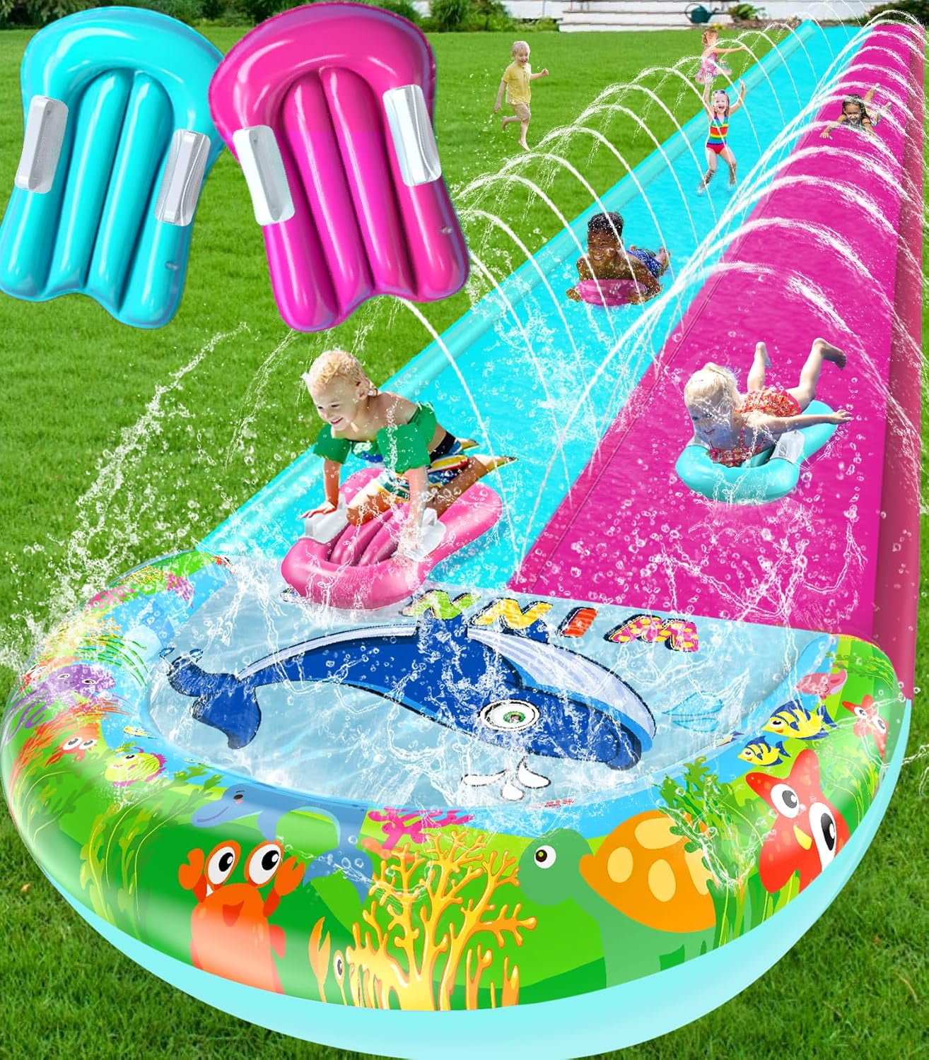 33FT Slip Lawn Water Slide for Kids Adults, Extra-Long Double Lanes ...
