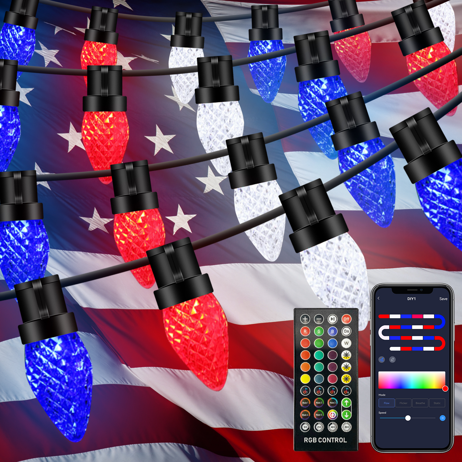 33Ft Smart String Lights 50 LED 4th of July DIY Extendable C9 Color ...