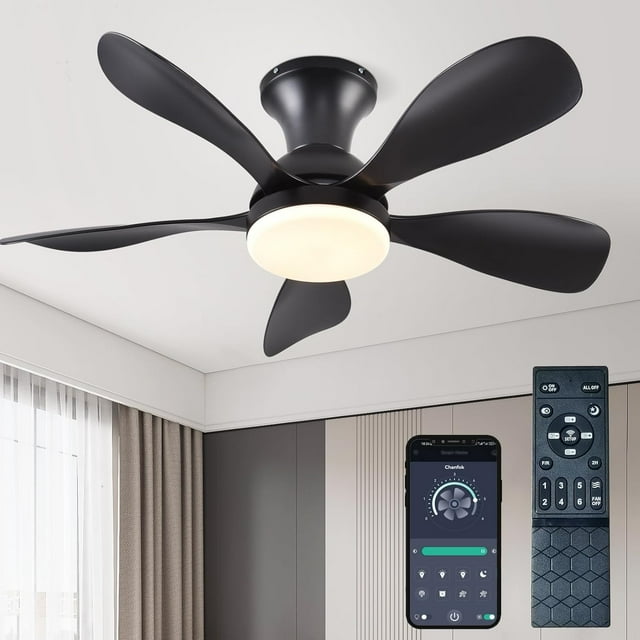 33In Black Low Profile Ceiling Fans with Lights and Remote/APP Control ...