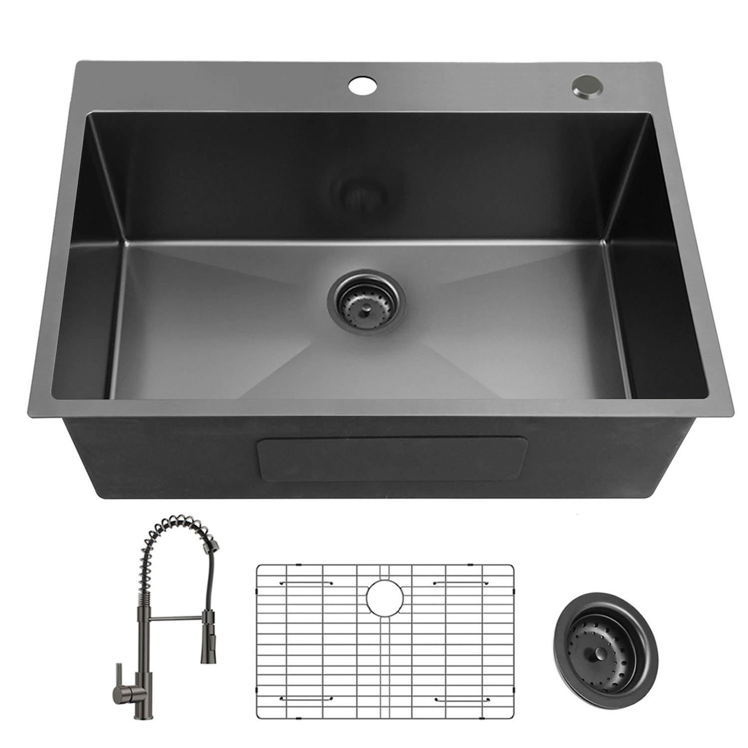 Topmount Stainless Steel Kitchen Sink with Black Spring Neck Faucet ...