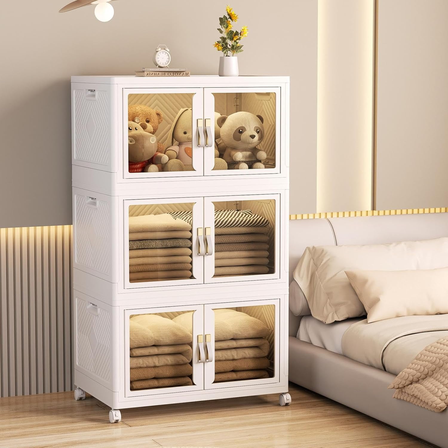 33QT White Stackable Storage Bins with Lids Open Front, 3 Tier Large ...