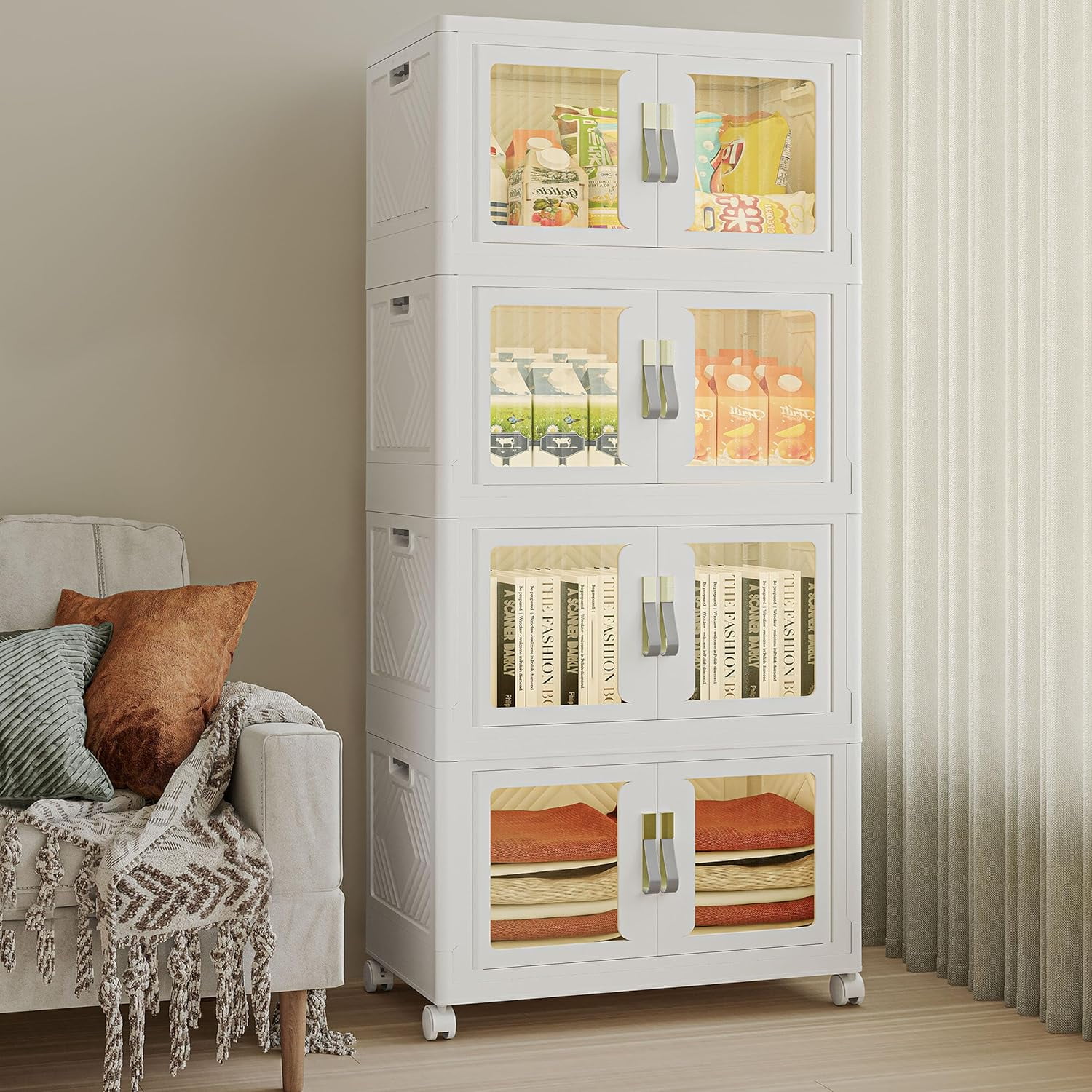 33QT White Stackable Storage Bins Open Front with Lid, Foldable Storage ...