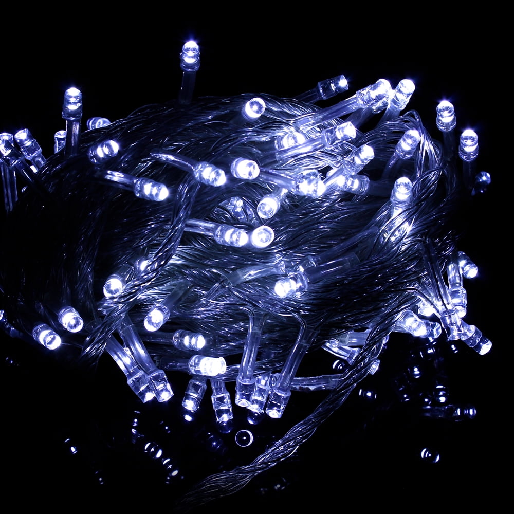 33ft 100 LED Cool White Christmas Lights, 8 Modes Plug-in Clear Wire ...