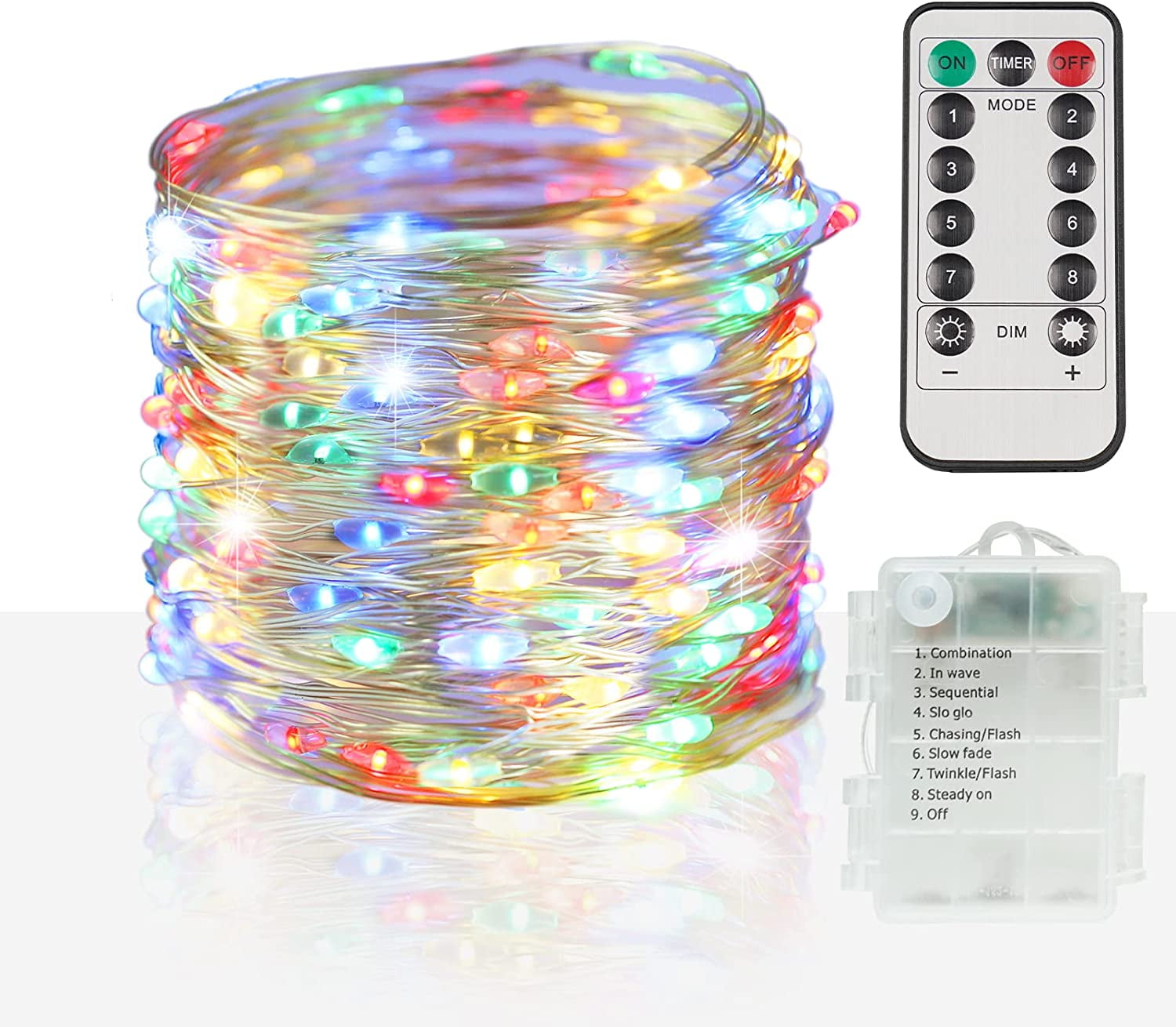 33ft 100 LED Outdoor String Lights, Multi Color Fairy Lights Battery ...