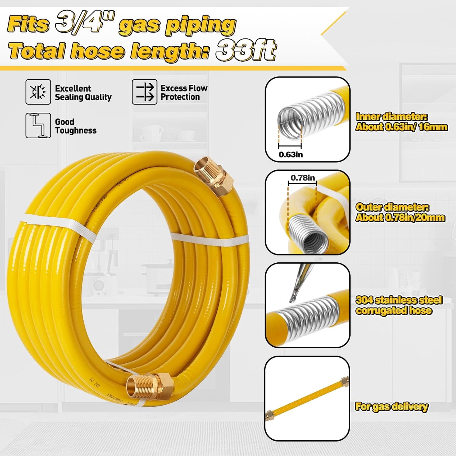 33ft 3/4'' CSST Natural Gas Line Gas Tubing Pipe Kit for Construction ...