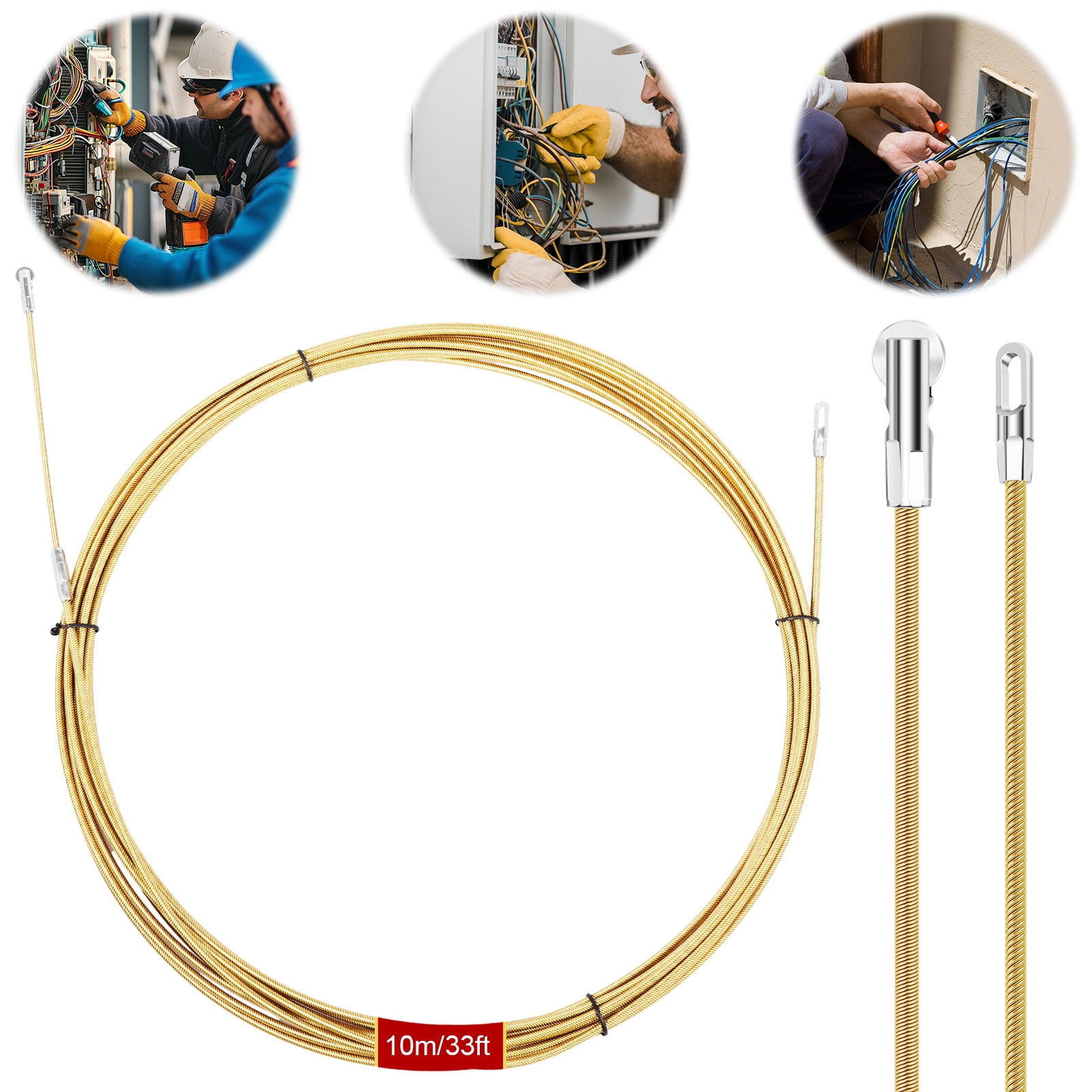 33ft Fish Tape Wire Puller Running Electrical Cable Pulley Head Spring ...