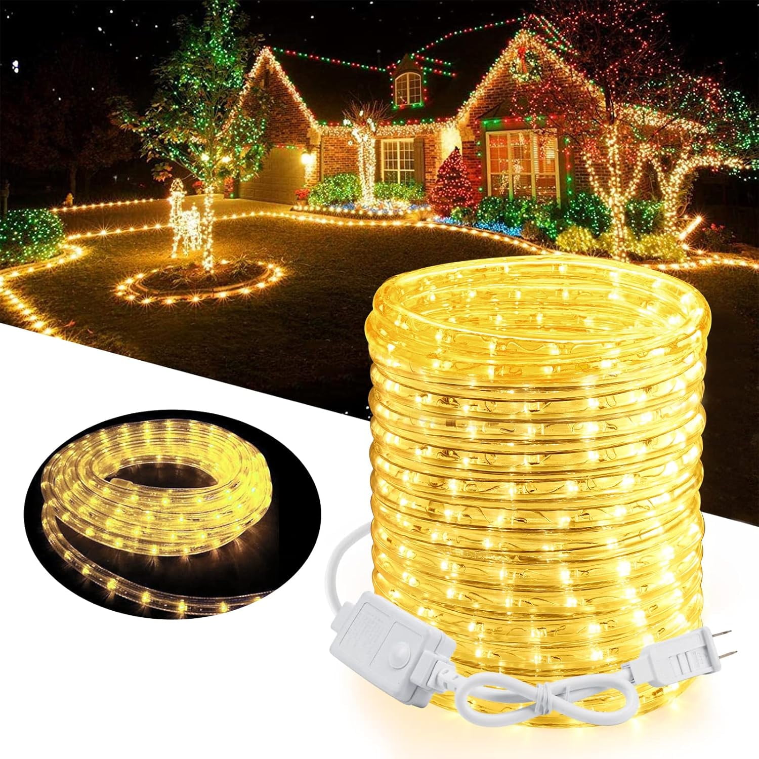 33ft LED Rope Lights with 240 LEDs, Connectable Indoor Outdoor Clear ...