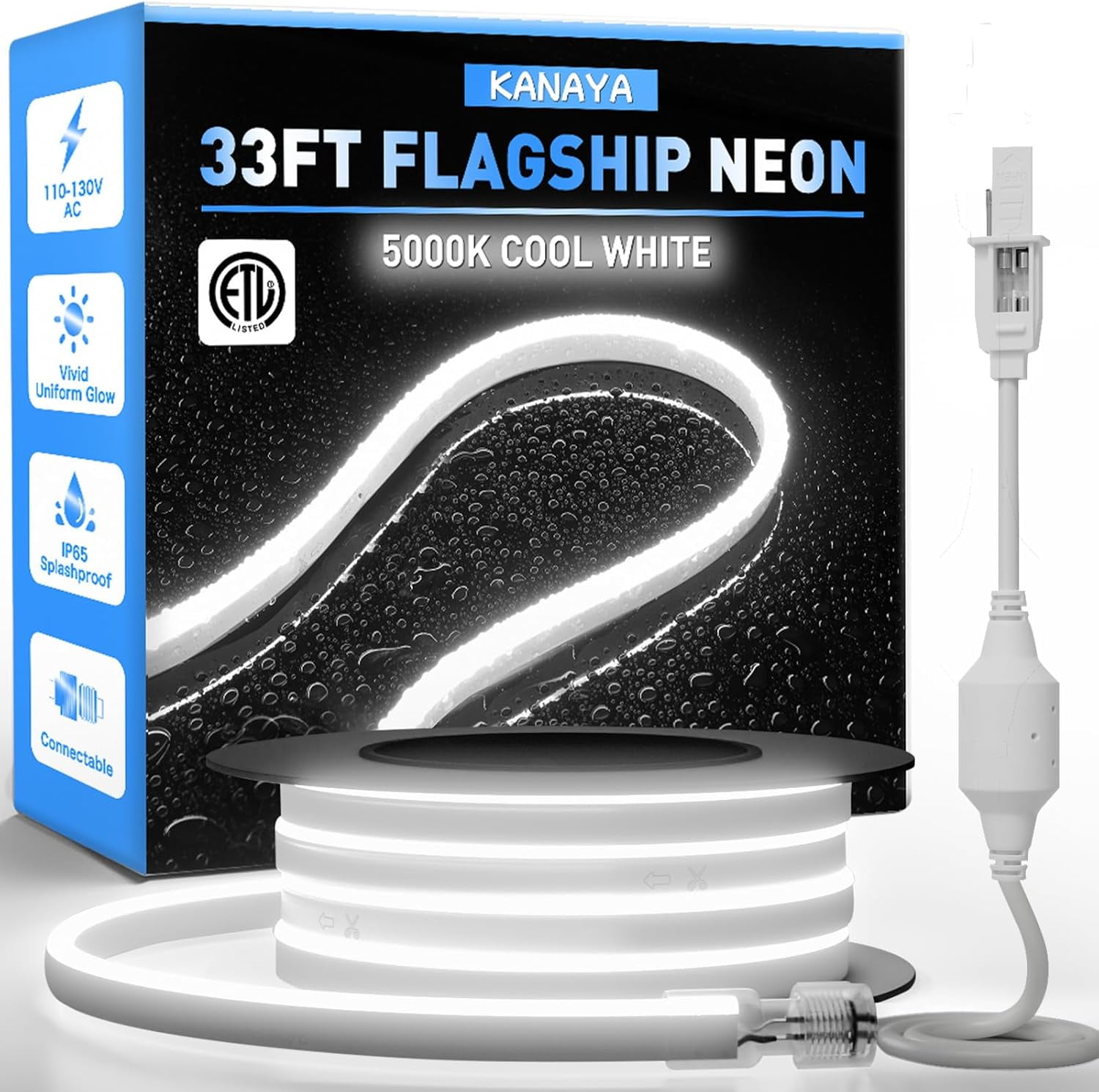 33ft Led Neon Rope Lights Cool White 5000K, ETL Listed Neon Light Strip ...
