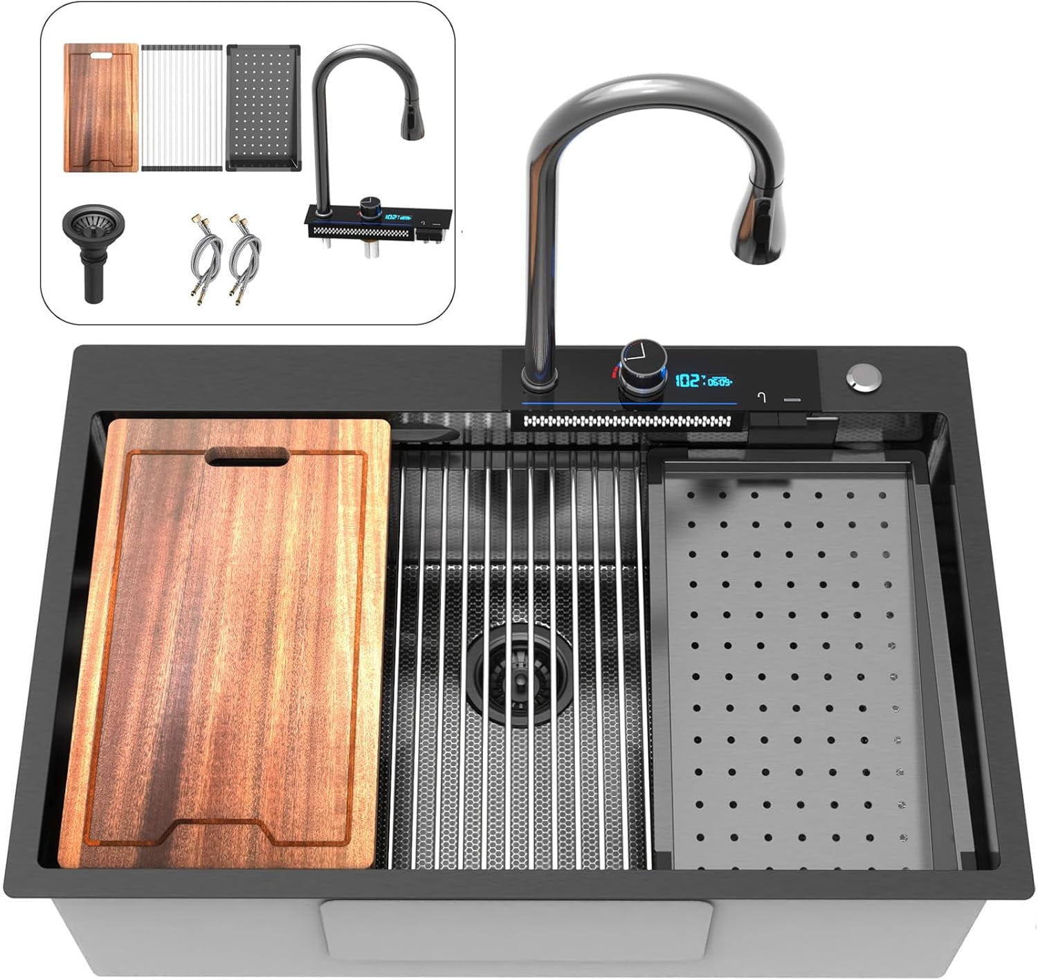 33inch Waterfall Kitchen Sink Drop In Metal Black - 33x22x10 with Combo ...